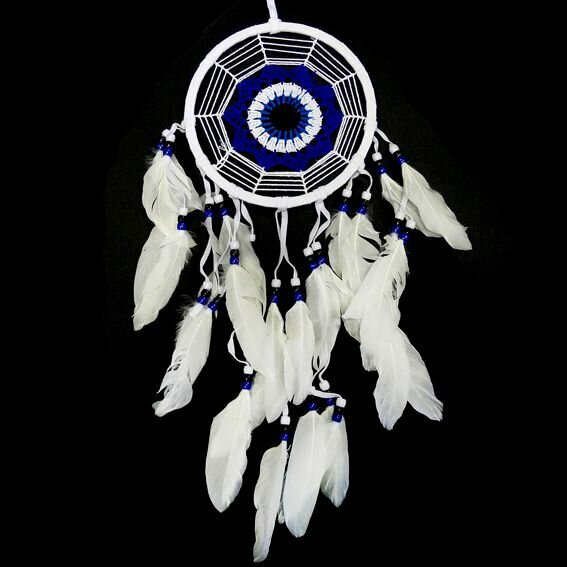 Ловец снов от сглаза кружевной круг с перьями и бусинами (макраме, диаметр 16,5 см, длина 45 см.), 1 шт.