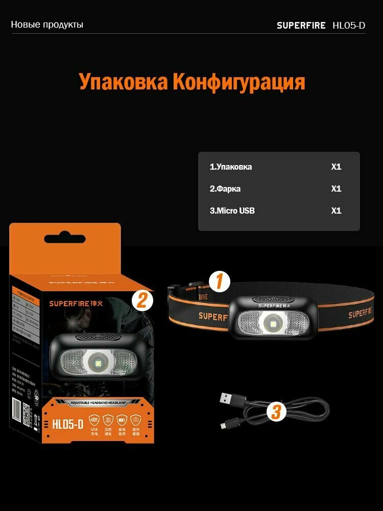 SUPERFIRE HL05-D Фонарь налобный мощный, светодиодный аккумуляторный регулировкой угла свечения