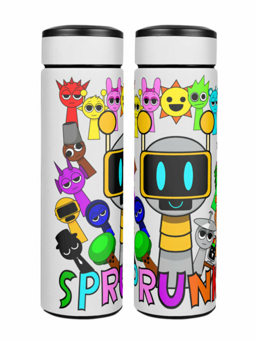 Термос «Sprunki Fun Bot Спрунки Фан Бот все персонажи» (белый)
