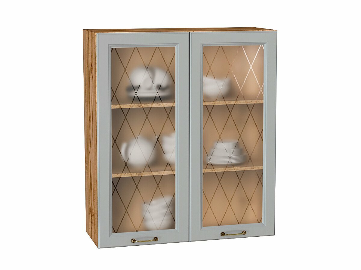 Шкаф верхний с 2-мя остекленными дверцами Ницца, цвет фасада Графит, цвет каркаса Дуб Вотан, стекло White Сrystal, 920*800*318 мм