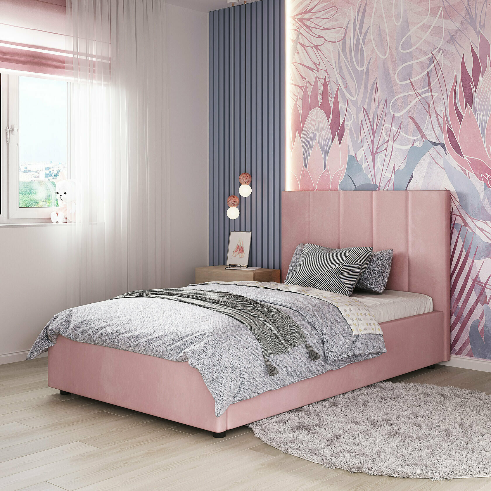 Кровать односпальная 120х200, мягкое изголовье, ортопедическое основание, Betty, розовый, велюр