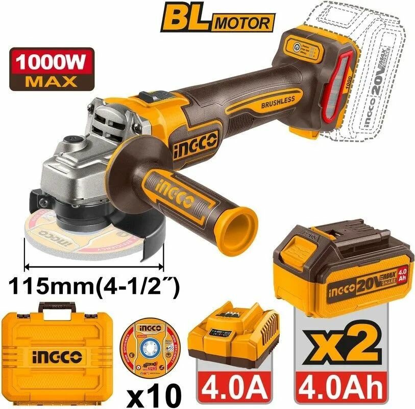 Аккумуляторная УШМ, б/щ, 115 мм, 2 АКБ, ЗУ, INGCO CAGLI271532 INDUSTRIAL