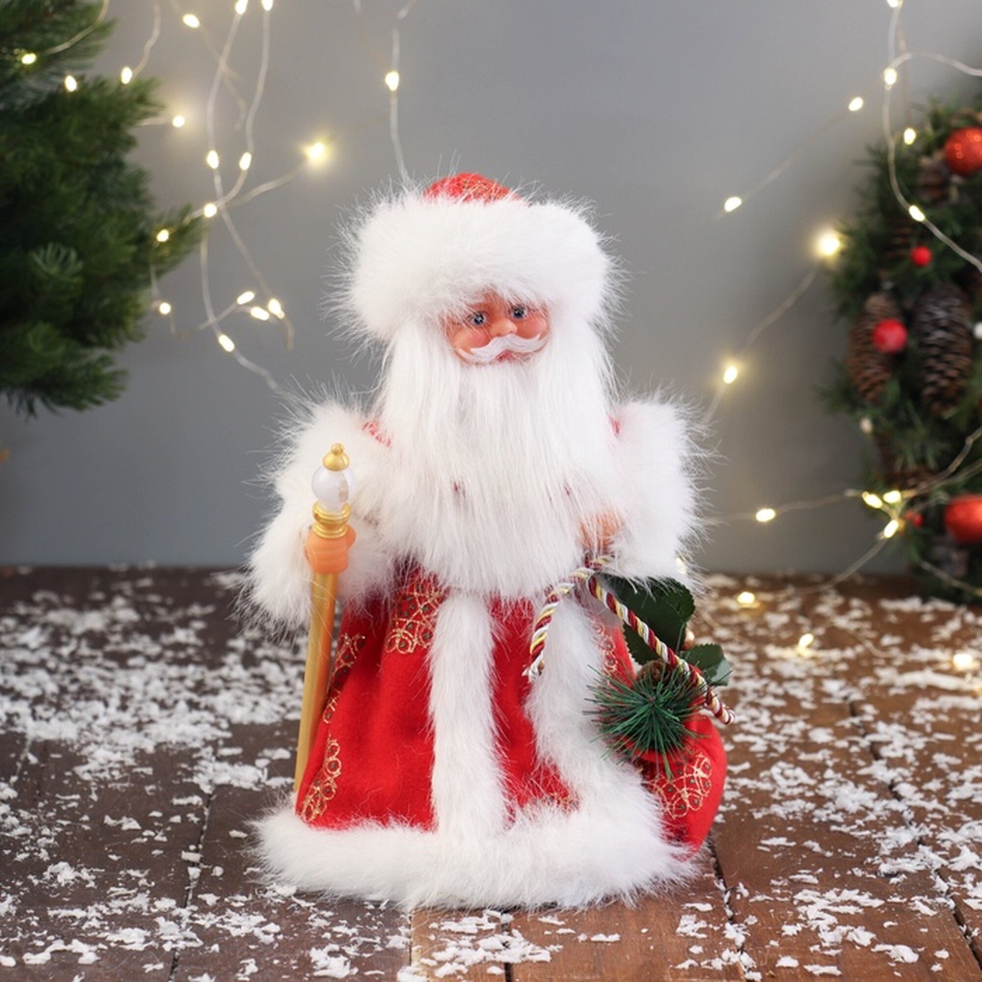 Дед Мороз под ёлку «Зимнее волшебство. Новогодняя игрушка в пушистой шубе, с мешком» двигается, 30 см, красный