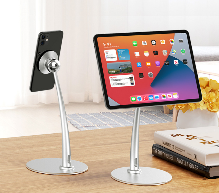 Подставка-держатель MyPads для планшета и телефона на прочной магнитной основе, вращающаяся, настольная поворотная серебристая