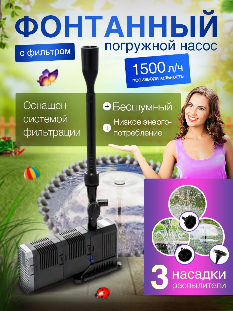 Насос фонтанный с фильтром CHJ-1503 с 3 насадками, 25 л/мин