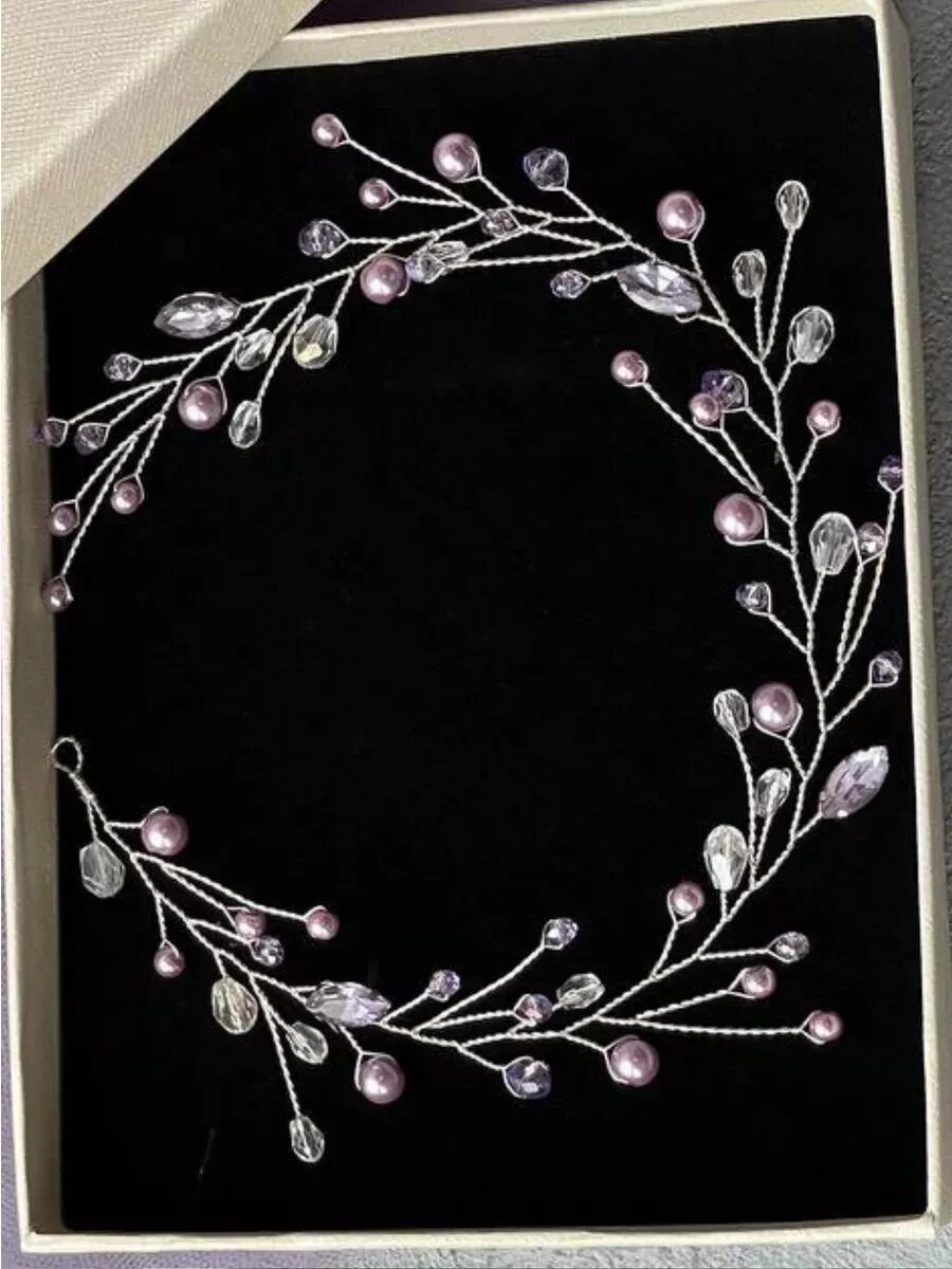 3078 Диадема венок для невесты с лавандовыми бусинами нежное