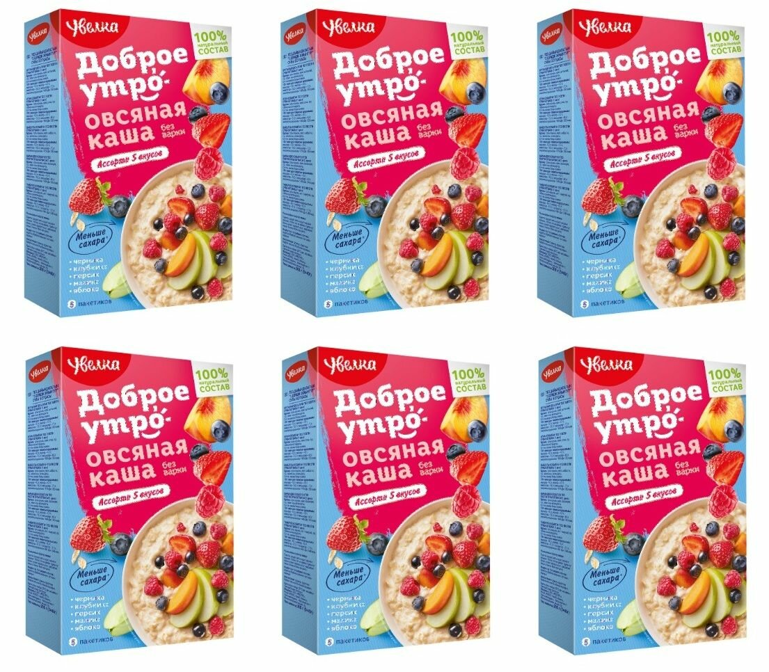 Увелка Каша овсяная Ассорти из 5 вкусов, 200 г (5 х 40 г), 6 уп в коробке