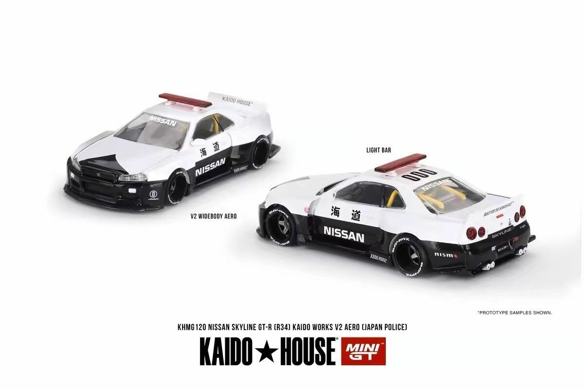 Машинка KAIDO HOUSE Mini Gt 1/64 KHMG120 Nissan Skyline GT-R(R34) Kaido Works V2 AERO(Japan Police) Die-cast Alloy Car Model Collection Gift