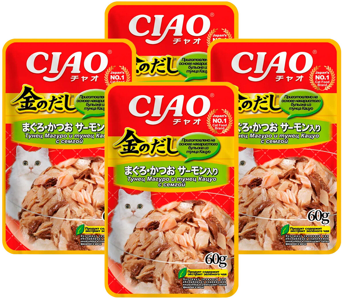 Корм влажный Inaba Ciao Kinnodashi для взрослых кошек, тунец Магуро, тунец Кацуо и семга, 60 гр х 4 шт