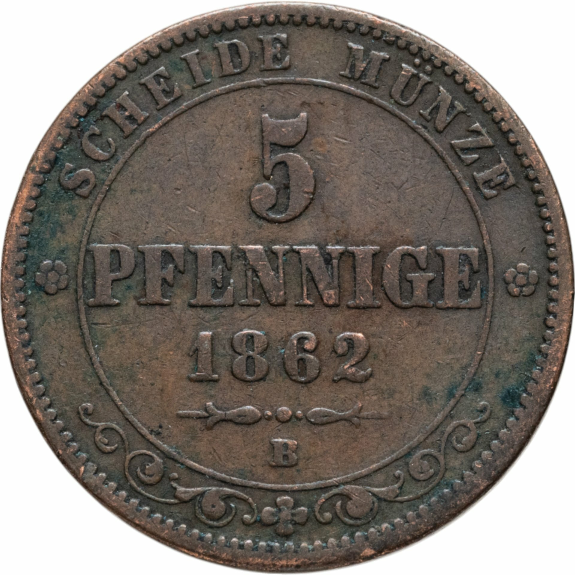 Германия Саксония 5 пфеннигов 1862 В, Медь, в сохранности VF