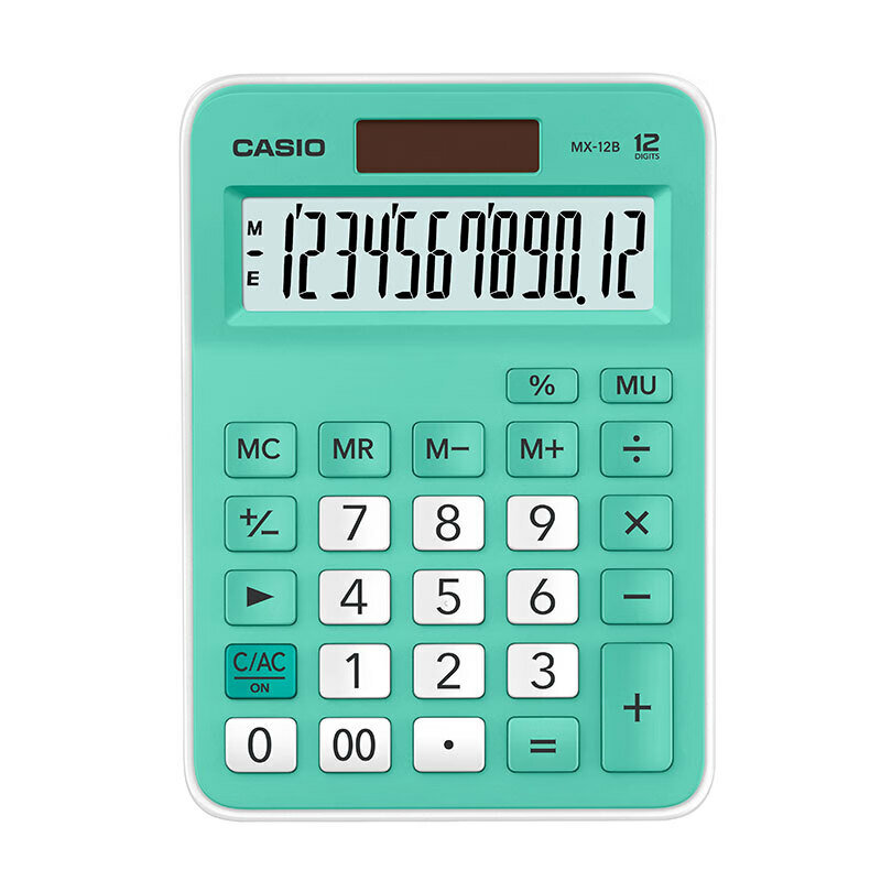 Casio MX-12B Elementary School Calculator for Fourth, Fifth, And Sixth Graders, Small Silent Model, Cute Computer, Solar And Battery Power, Mint Green