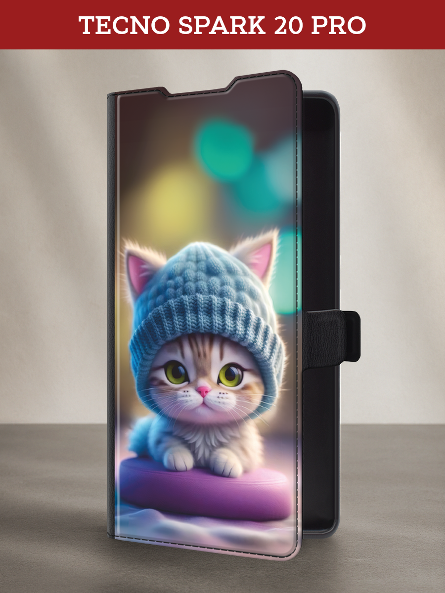 Чехол-книжка на Tecno Spark 20 Pro / Текно Спарк 20 Про с принтом Котик в голубой шапочке, черный