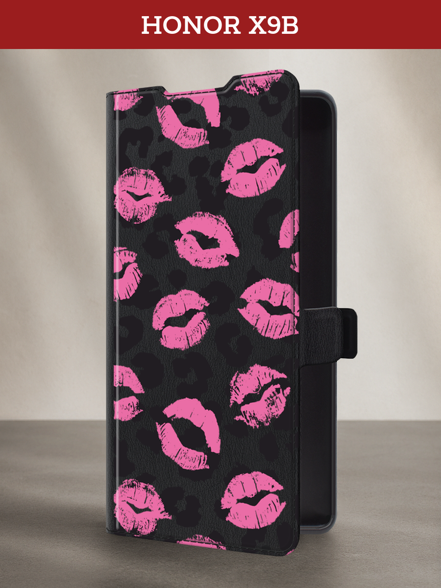 Чехол-книжка на Honor X9B / Хонор X9B с принтом Lips and leopard pattern, черный