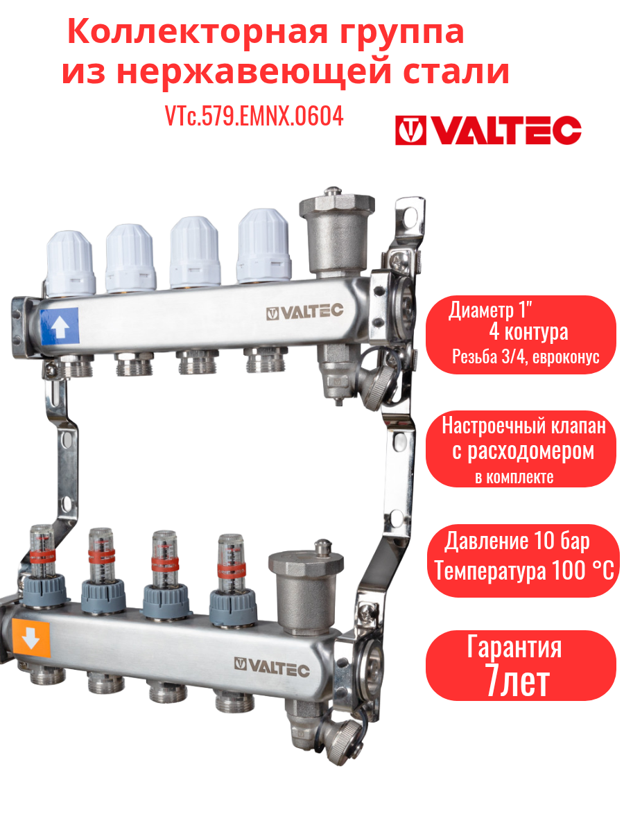 Блок коллекторный 4 выхода х1.0"х3/4" В-В-ЕК с расходомерами нерж VTc.579