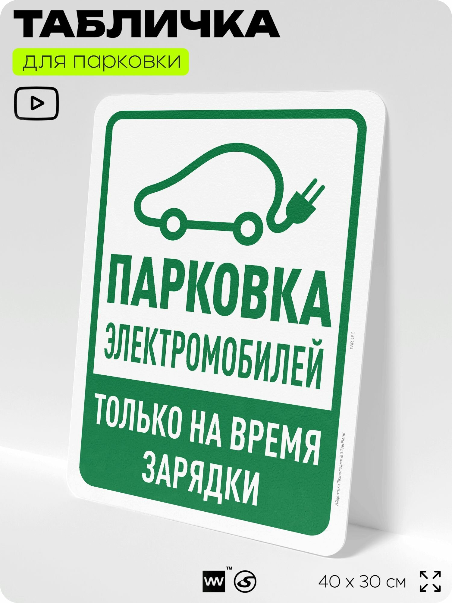 Табличка для парковки "Парковка электромобилей", для дома, офиса, организаций, 40х30 см, Silver Plane x Айдентика Технолоджи