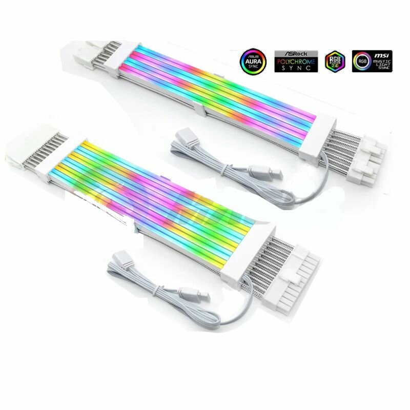 Удлинительный кабель блока питания ARGB, белый RGB Flow ATX 24-контактный PCIe GPU, двойной, тройной, 8-контактный, 6+2-контактный, кабель 5 В ARGB M/B Sync