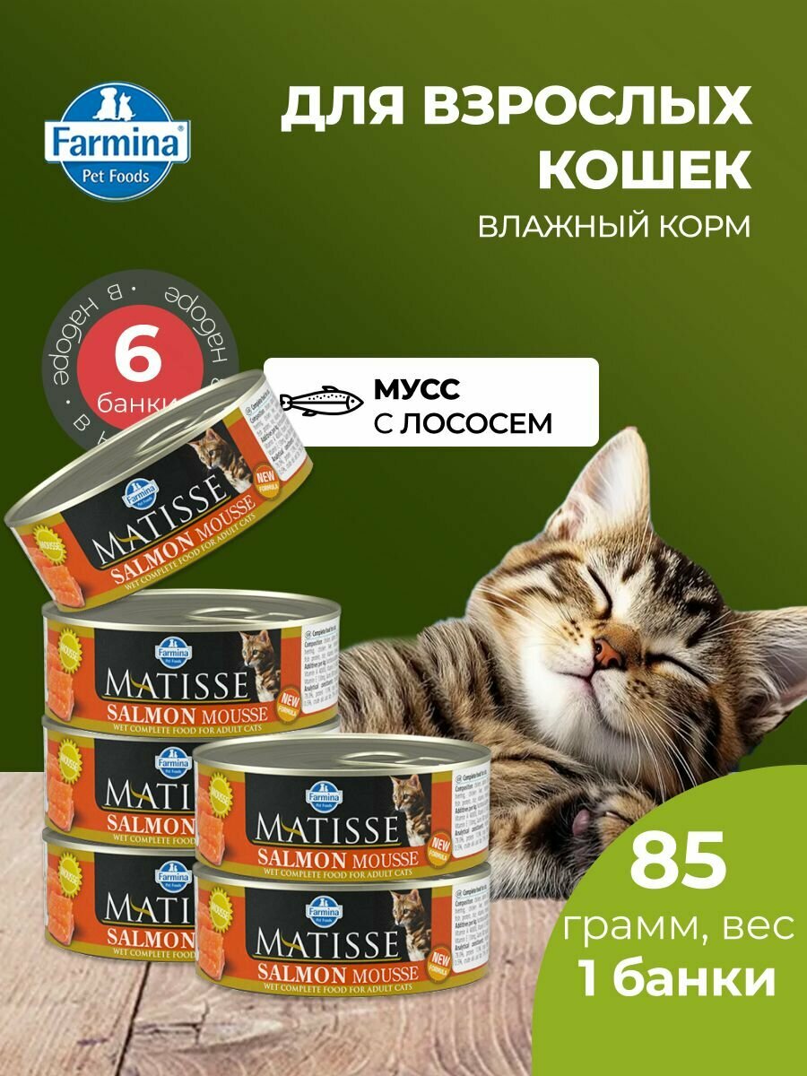 Корм консервированный для кошек Farmina Matisse, Матисс мусс для кошек с лососем, влажный корм Фармина 85 г - 6 шт