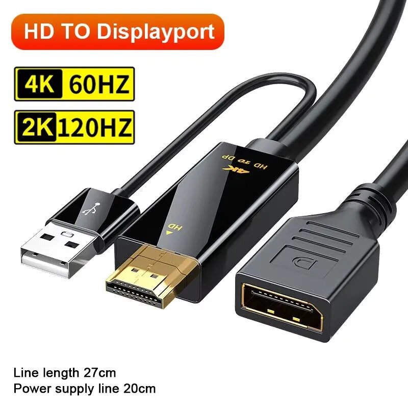 4K60 Гц HDMI-совместимый однонаправленный адаптер-конвертер DisplayPort с USB-шнуром питания Plug & Play для игрового монитора ПК