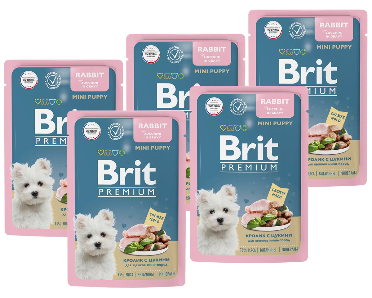 Влажный корм Brit Premium Puppy Mini Rabbit&Zucchini для щенков маленьких пород с кроликом и цукини в соусе пауч, 85 гр х 5 шт