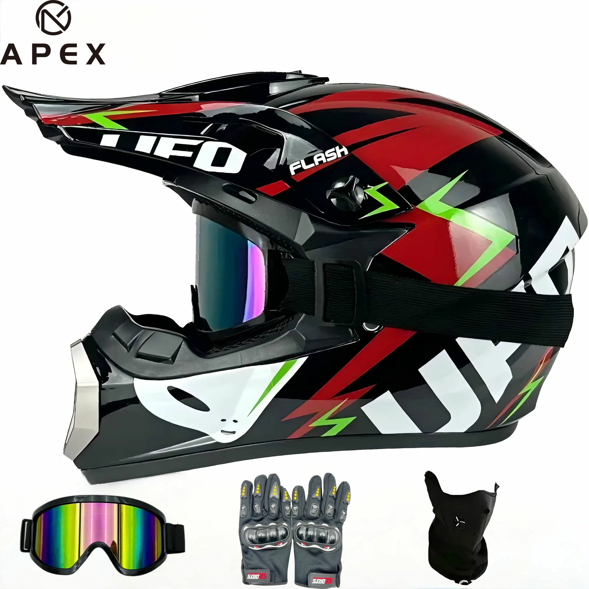 APEX Мотошлем кроссовый с очками для мотоцикла питбайка эндуро