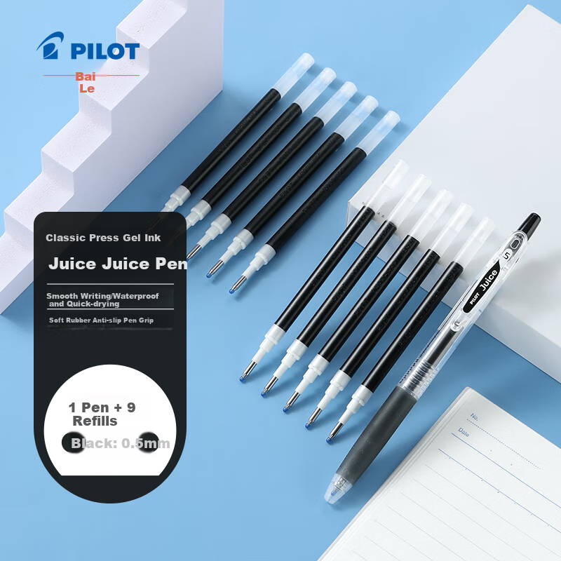 PILOT Juice Gel Pen Black 0.5mm, Signature Pen, Push Button Water-based Pen Stationery Set, Office Supplies, Brush Pen, High Appearance Value for Students, 1 Pen + 10 Refills
