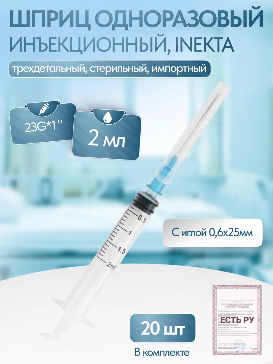 Набор шприцев для инъекций одноразовых трехдетальных стерильных 2мл INEKTA, 2 упаковки по 10 шт