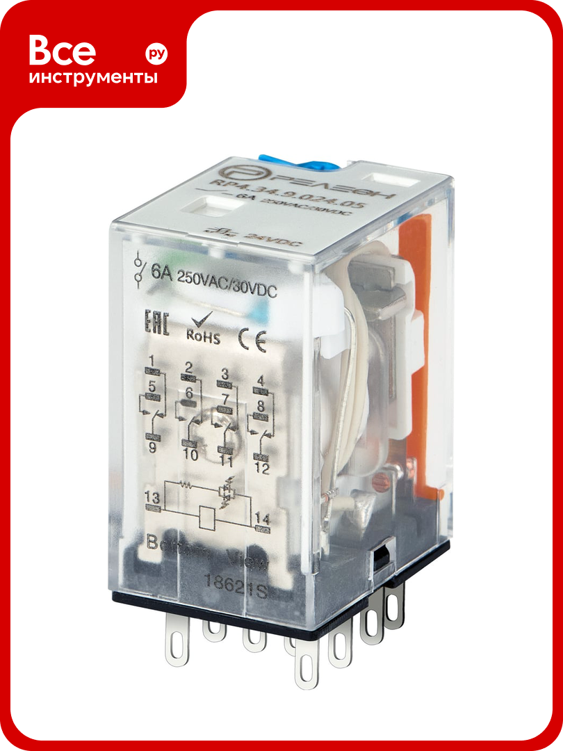 Помежуточное реле релеон П4 CO конт. 6А; 24В DC; блок. кнопка проверки + LED + диод (+ A1); RP434902409, пластиковая