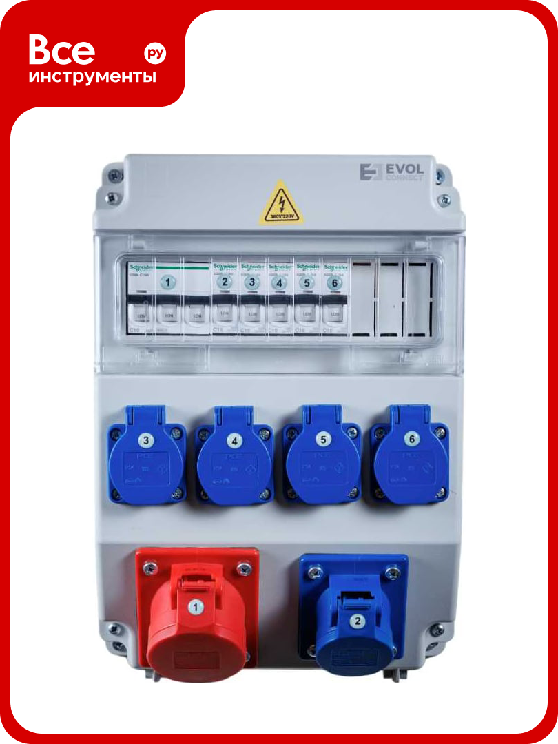 Навесной щит с розетками EVOL Combox 11 0102-013-1, электрический щит, шестиразеточный модуль, защита IP44, белый