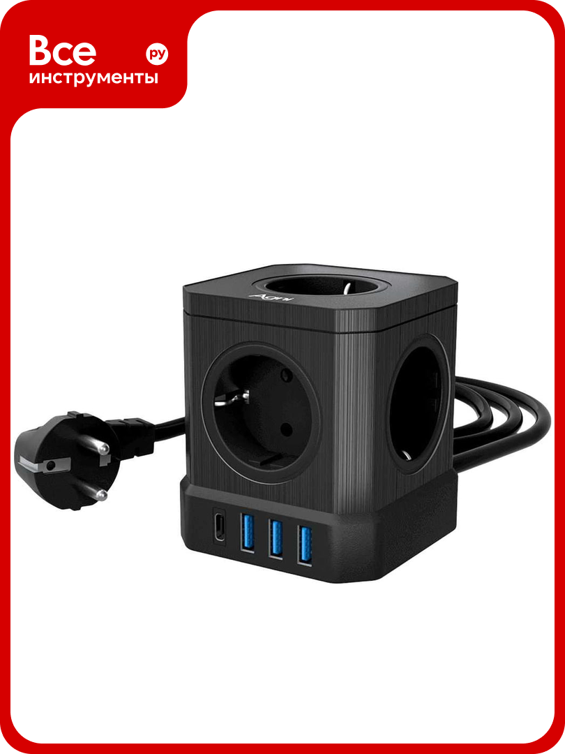 Сетевой фильтр настольный AGNI 5 розеток, кабель 2м, 3USB 1TYPE-C, черный TP-VE4U5E-C-2m-black, башенного