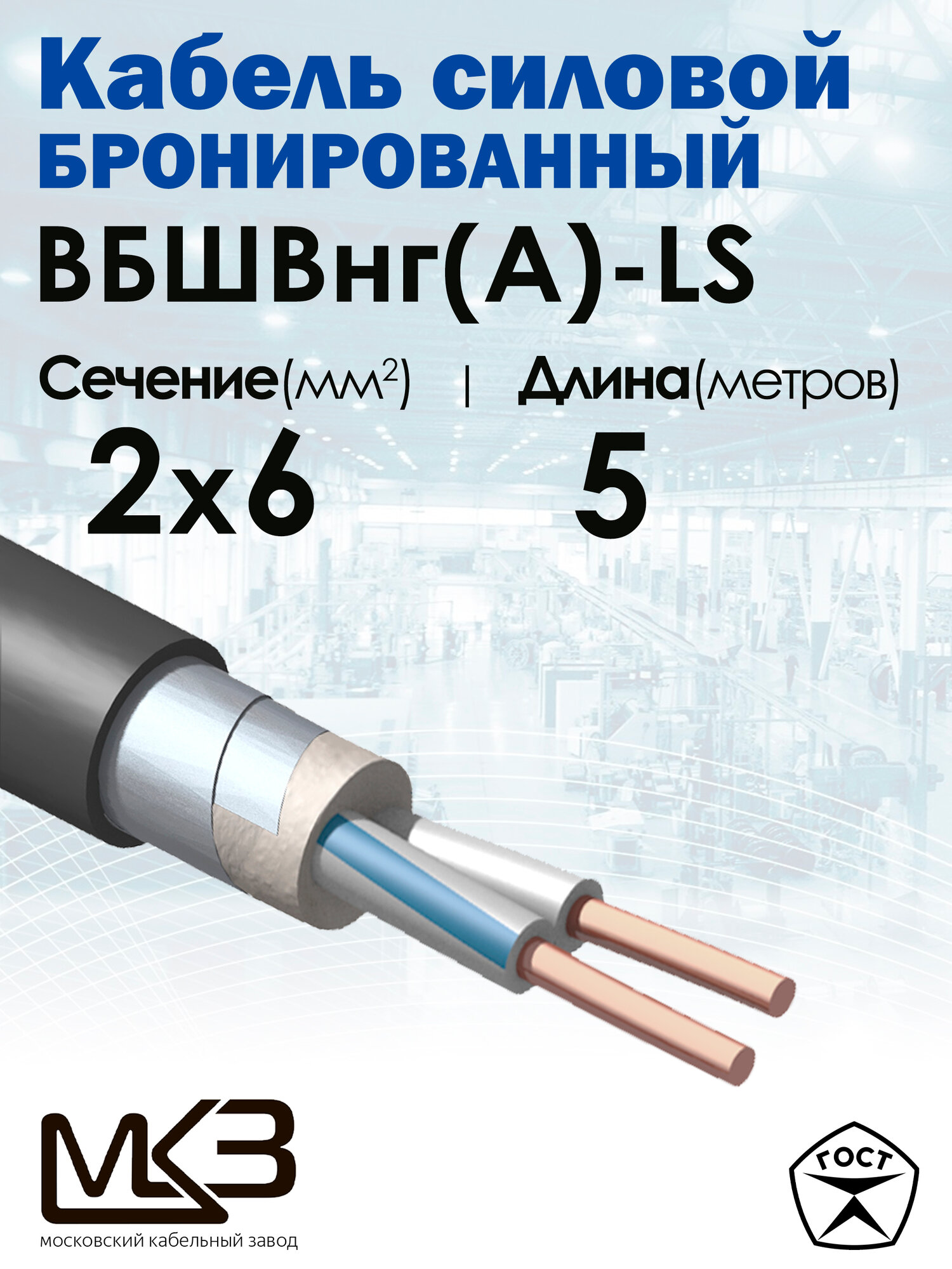 Кабель силовой бронированный ВБШвнг(А)-LS 2х6 5метров МКЗ ГОСТ