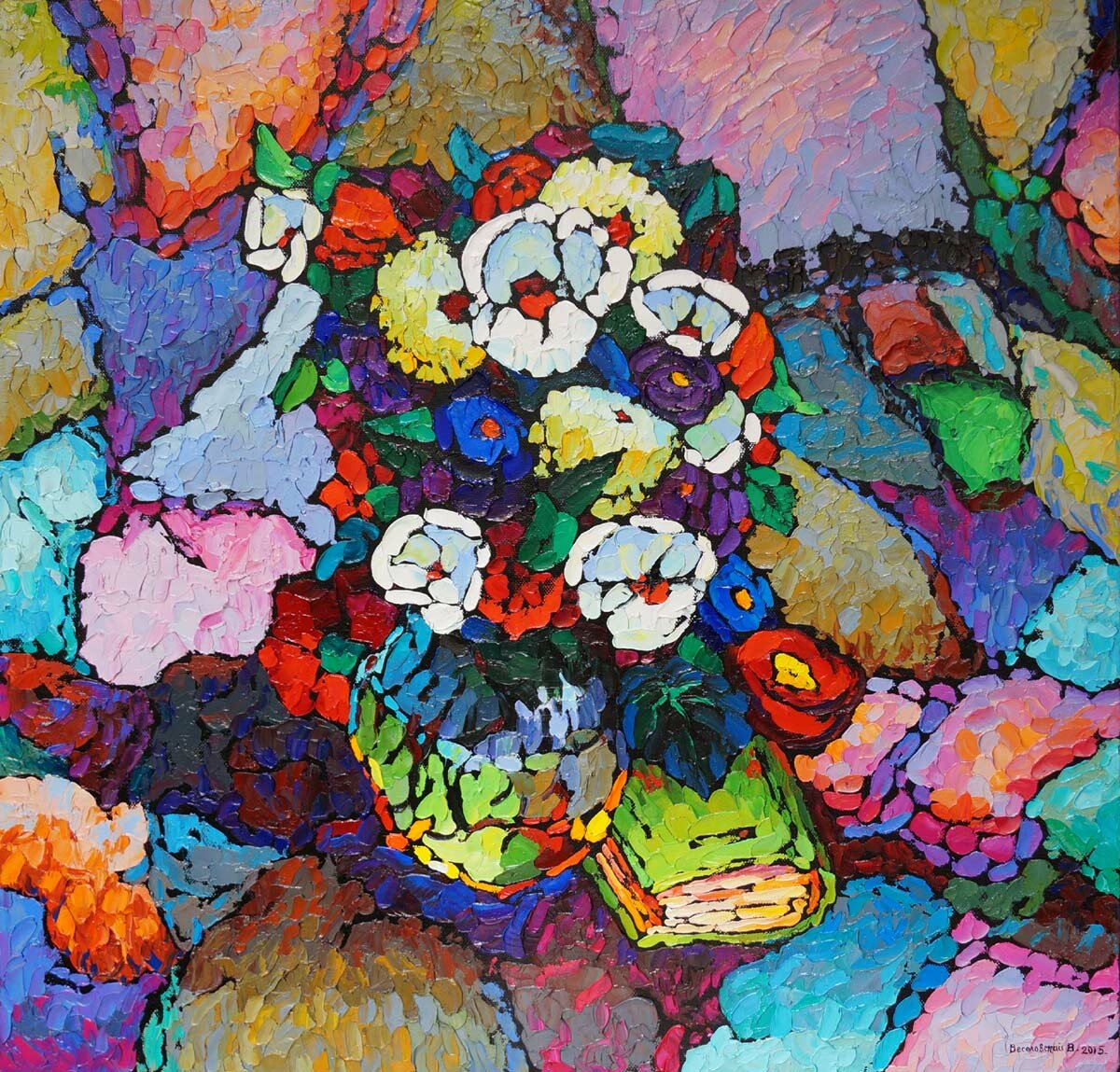 Картина мастихином, маслом в интерьер. Цветы с книгой. Этюд. Художник Веселовский В. Холcт, маслo. 67,5х70,5см.