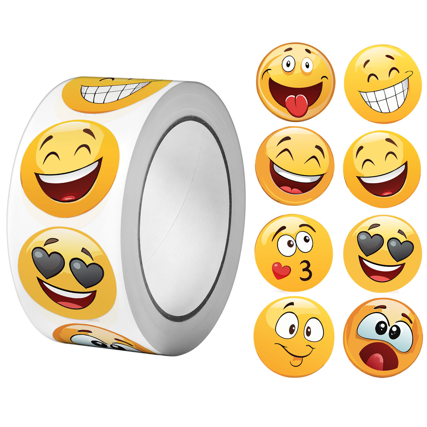 Наклейки смайлики рулон 500 шт, яркие виниловые стикеры для скрапбукинга, декора планера, подарков и канцелярии, 8 милых дизайнов, легко отклеиваются