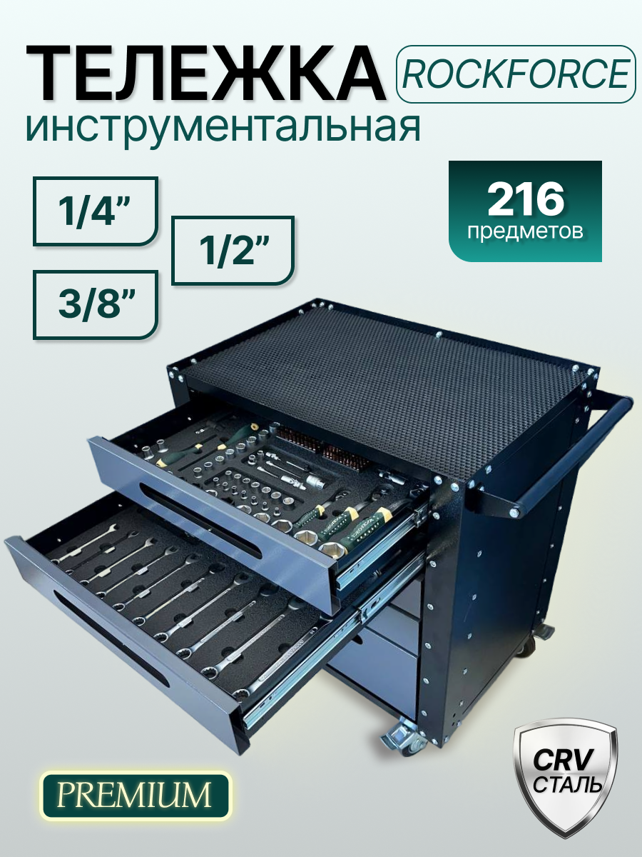 Тележка инструментальная Rock Force Premium с набором инструментов 216 предметов в мягких ложементах