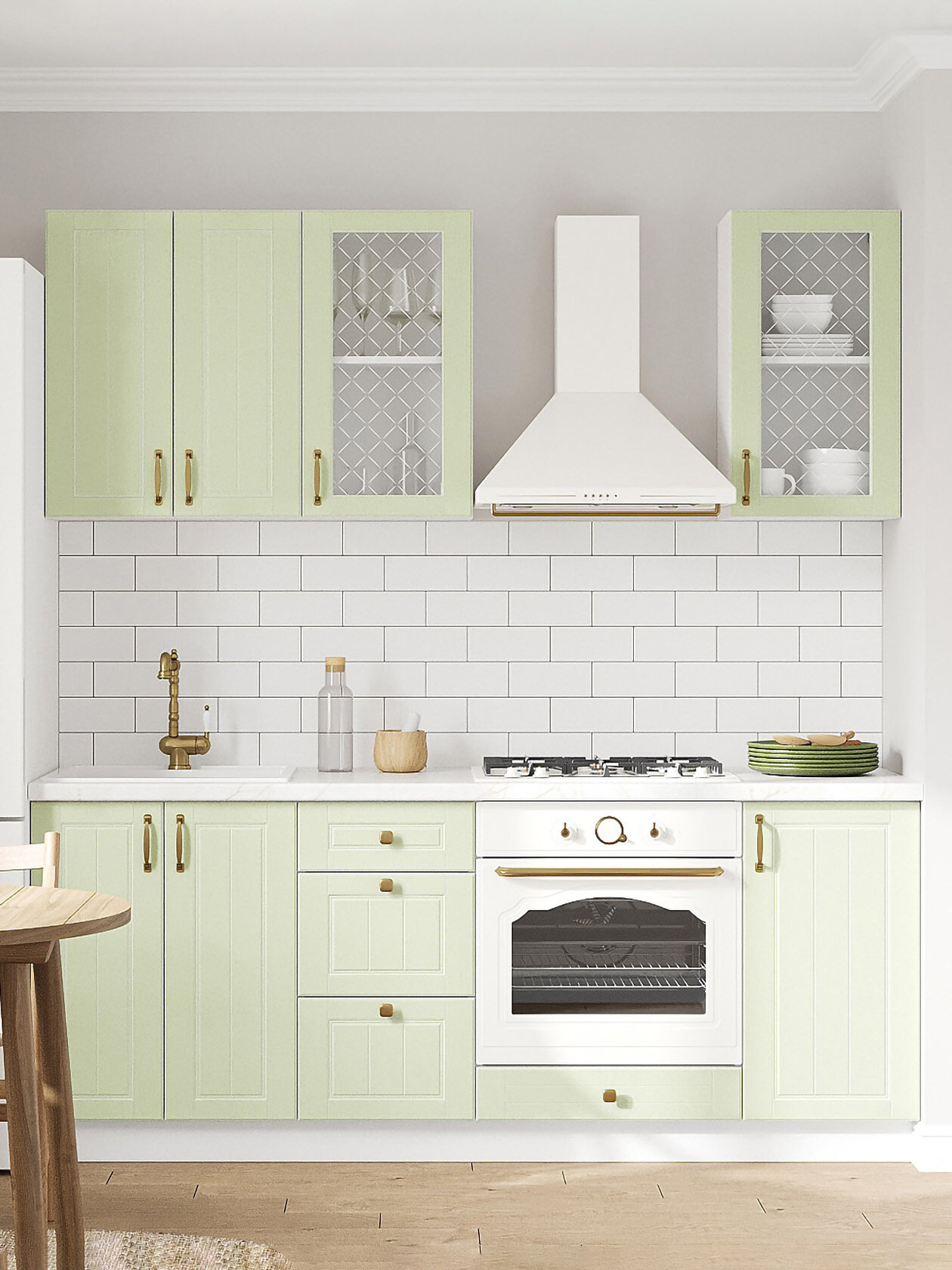 Кухонный гарнитур Флоренс 2 м, мебель для дома и кухни, Белый / Фисташковый структурный со стеклом