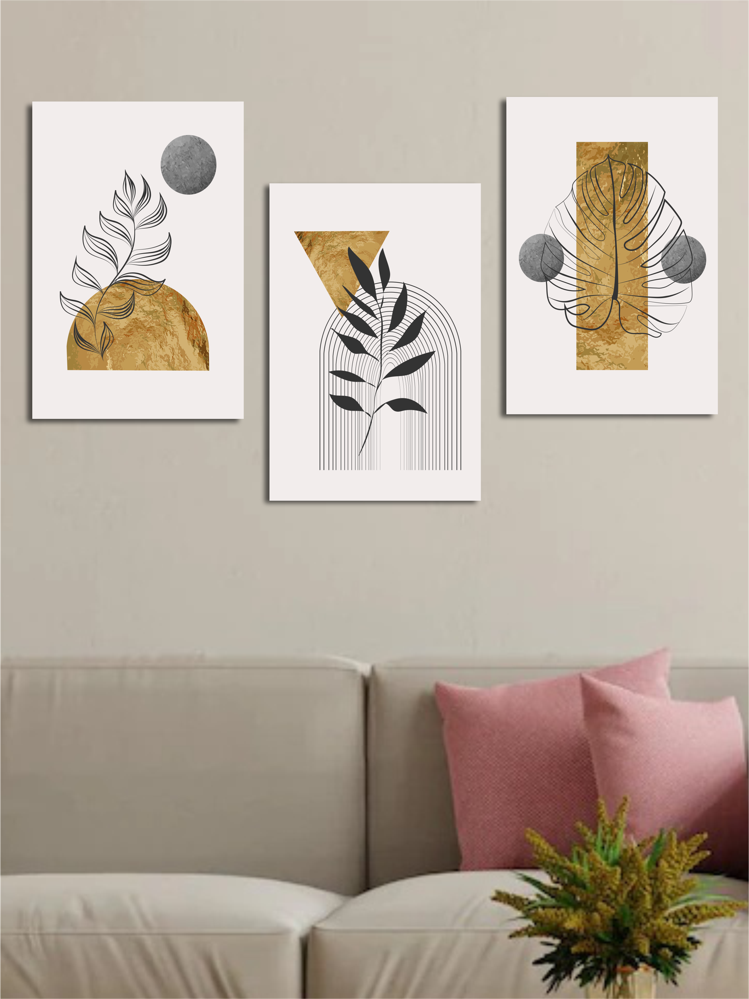 Модульная интерьерная картина " Золотыми фигурами листьями ", натуральный холст на подрамнике, размер 40х60см - 3 шт