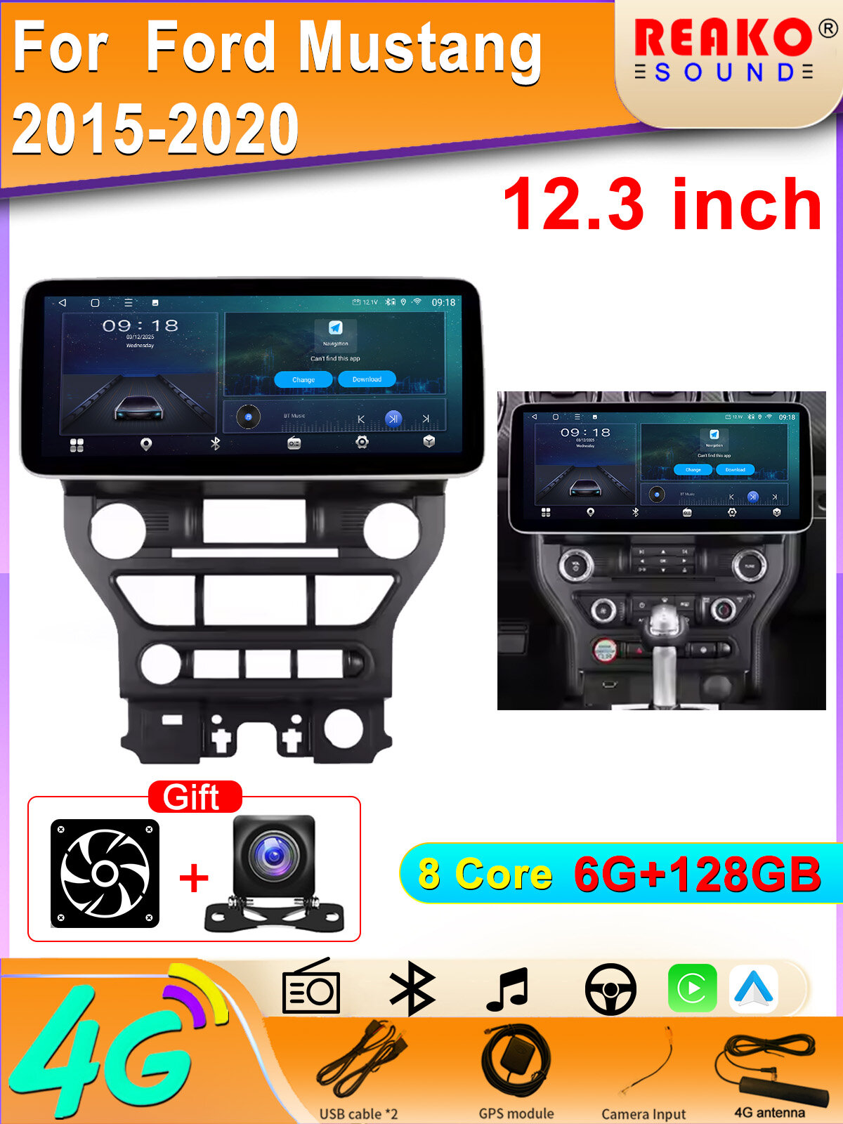 Магнитола для Ford Mustang 2015-2020 , с камерой заднего вида. IPS экран 12.3 дюймов, Wifi 2din с сенсорным экраном, usb и блютузом.