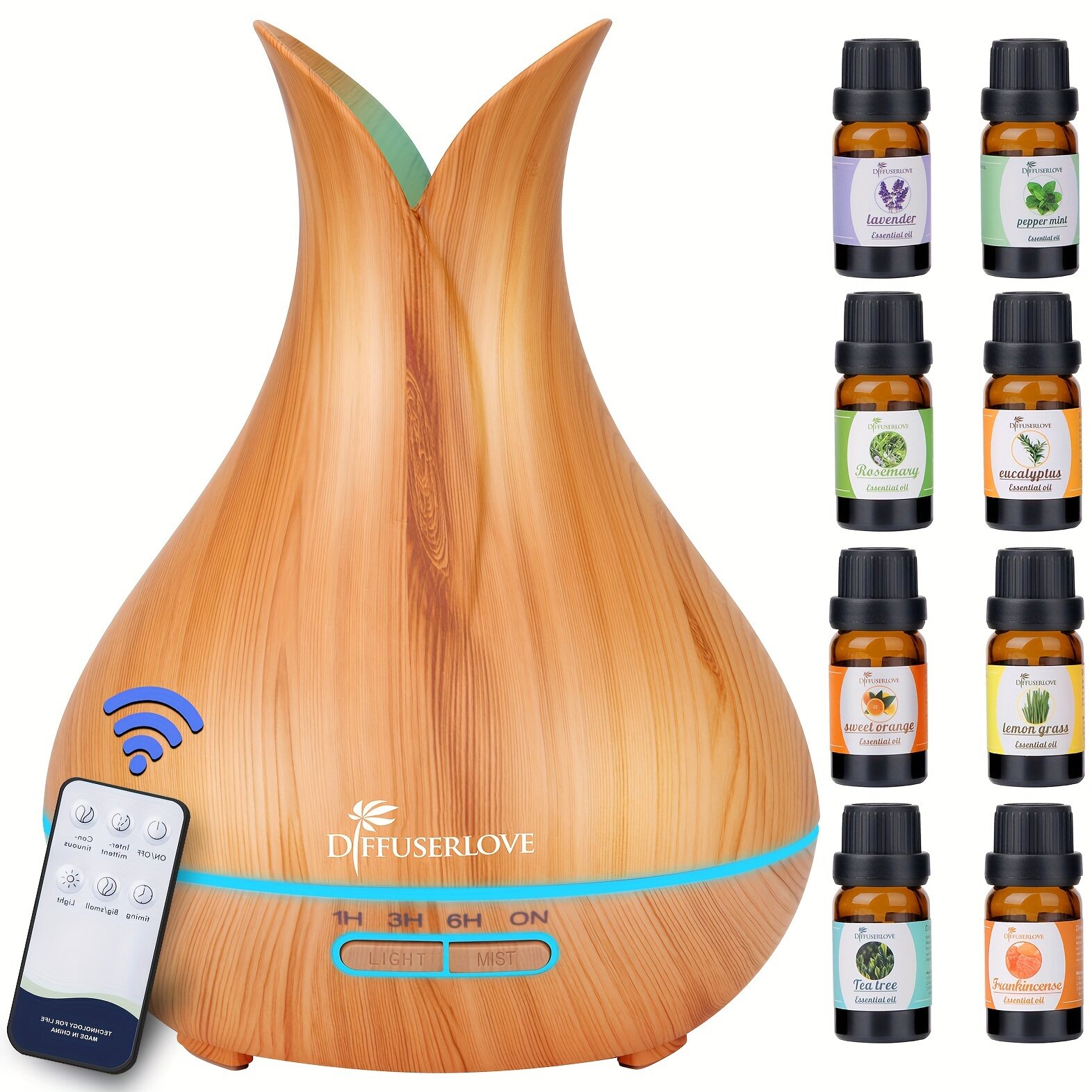 Диффузор эфирных масел с 8 эфирными маслами и пультом дистанционного управления, 400 мл, тихий увлажнитель с ароматерапией для дома, спальни и спа.