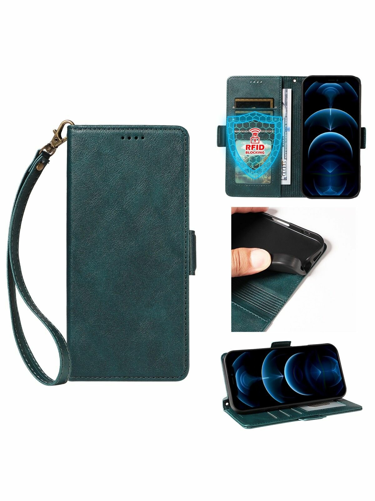 YIKATU Чехол-кошелек для iPhone12PRO с RFID защитой, 3 слота для карт, ремешком и подставкой