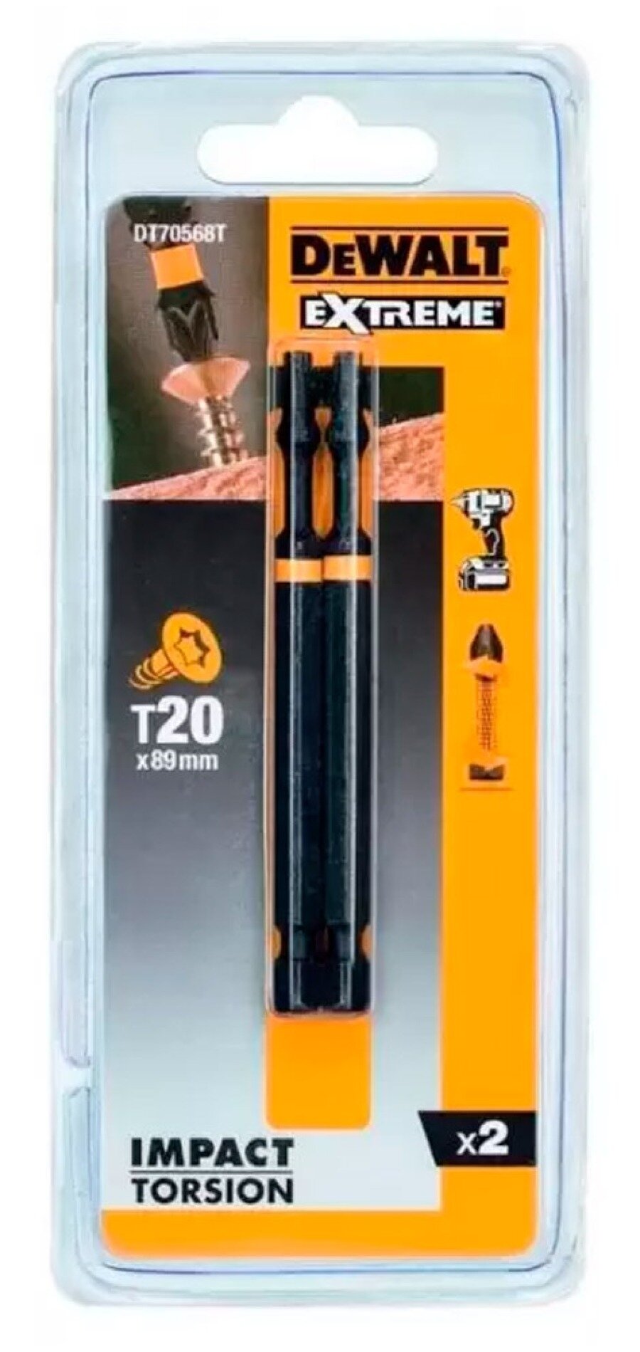 Бита для шуруповерта DeWalt / ДеВолт Impact Torsion ударная, стальная, наконечник T20, длина 85мм, 2шт. / инструменты