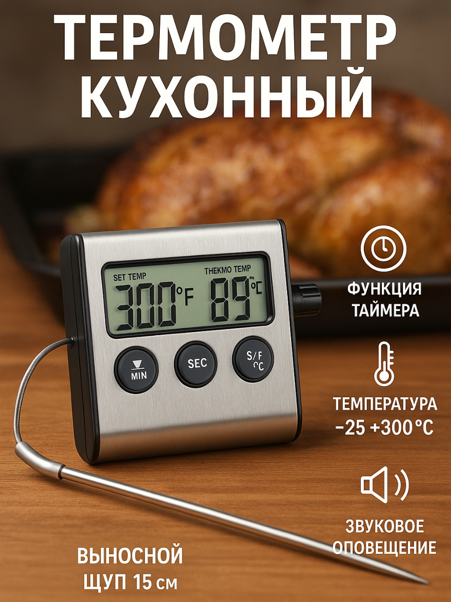 Термометр кухонный, кулинарный, с щупом, электронный, серебристый