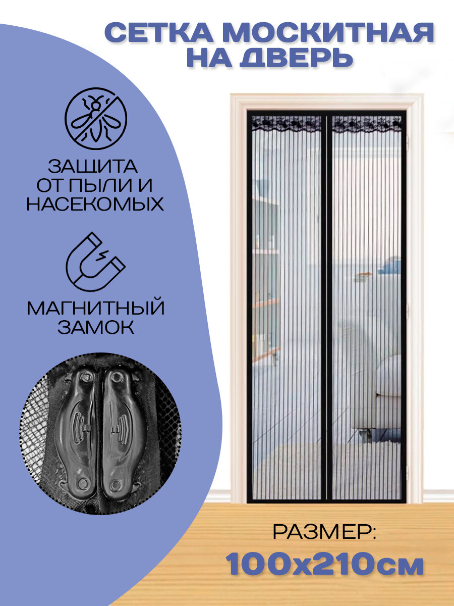 Москитная сетка от насекомых на дверь на магнитах 100х210 черная