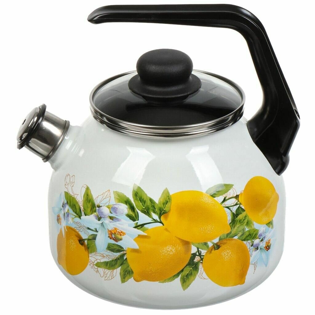 Чайник Сибирские товары стальной эмалированный, 3 л, со свистком, с пластиковой кнопкой, Лимоны, индукционный, белый