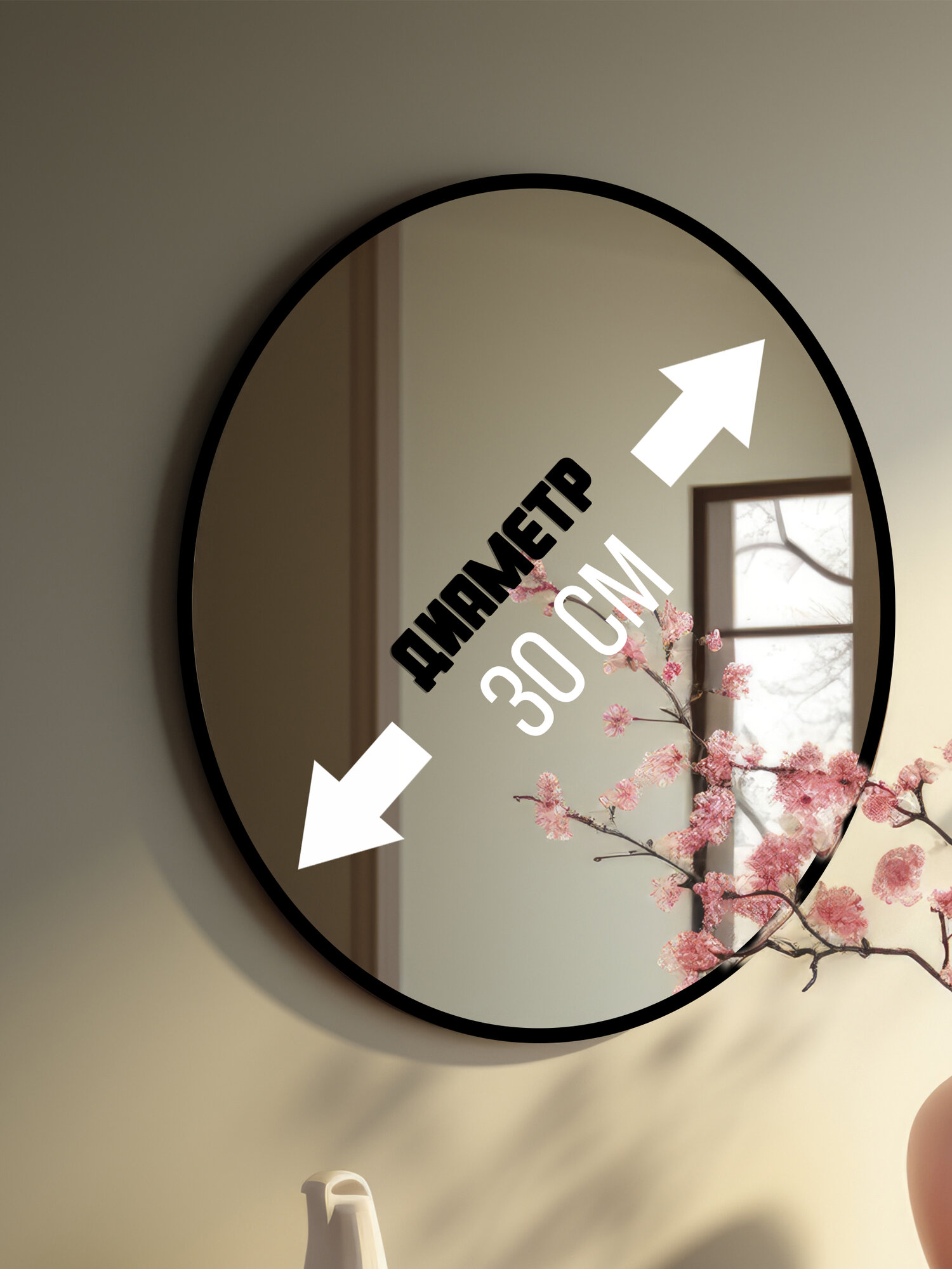 Зеркало настенное круглое в черной окантовке 30х30см