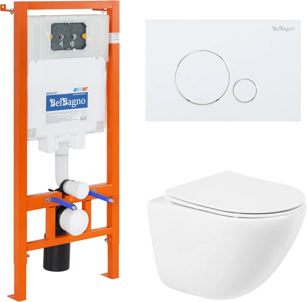 Комплект Унитаз подвесной BelBagno Amanda BB051CHR безободковый, крышка BB051SC, инсталляция BB002-80 с кнопкой BB014-SR-BIANCO