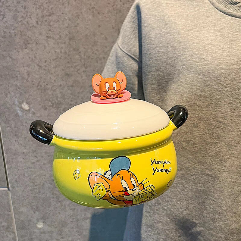 Керамическая миска для лапши быстрого приготовления Tom and Jerry с крышкой для студентов, общежития, домашнего использования, высококачественная миска для супа с большой емкостью, подарок