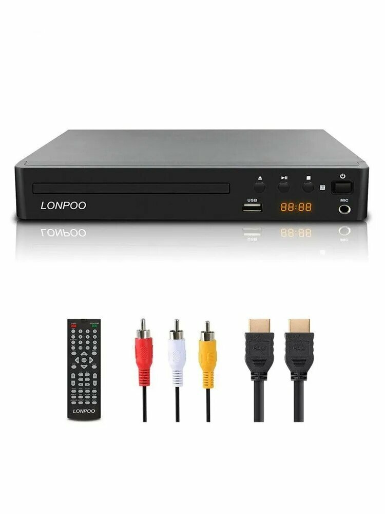 DVD-плеер, Регионфри, разрешение 1080P, вход USB2.0, разъем для микрофона караоке, светодиодный дисплей, компактный DVD-плеер с кабелем HDMI RCA, полнофункциональный пульт дистанционного управления