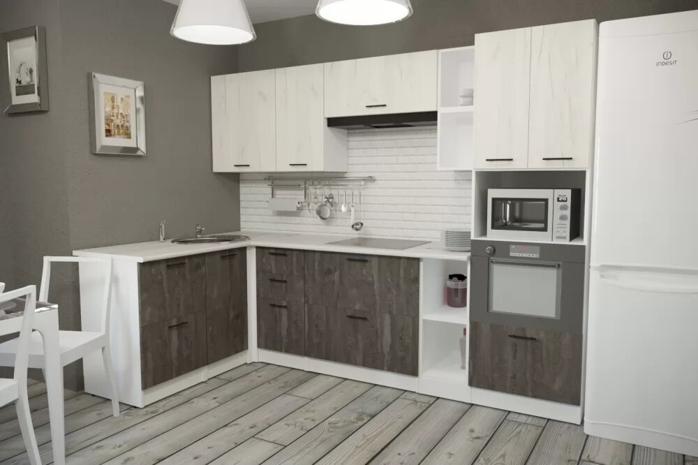 Кухонный гарнитур Герда Сиена мега прайм 1500х2700 мм, каркас ЛДСП, фасад ЛДСП; Стекло, Белый/Дуб грей/Бетон темный