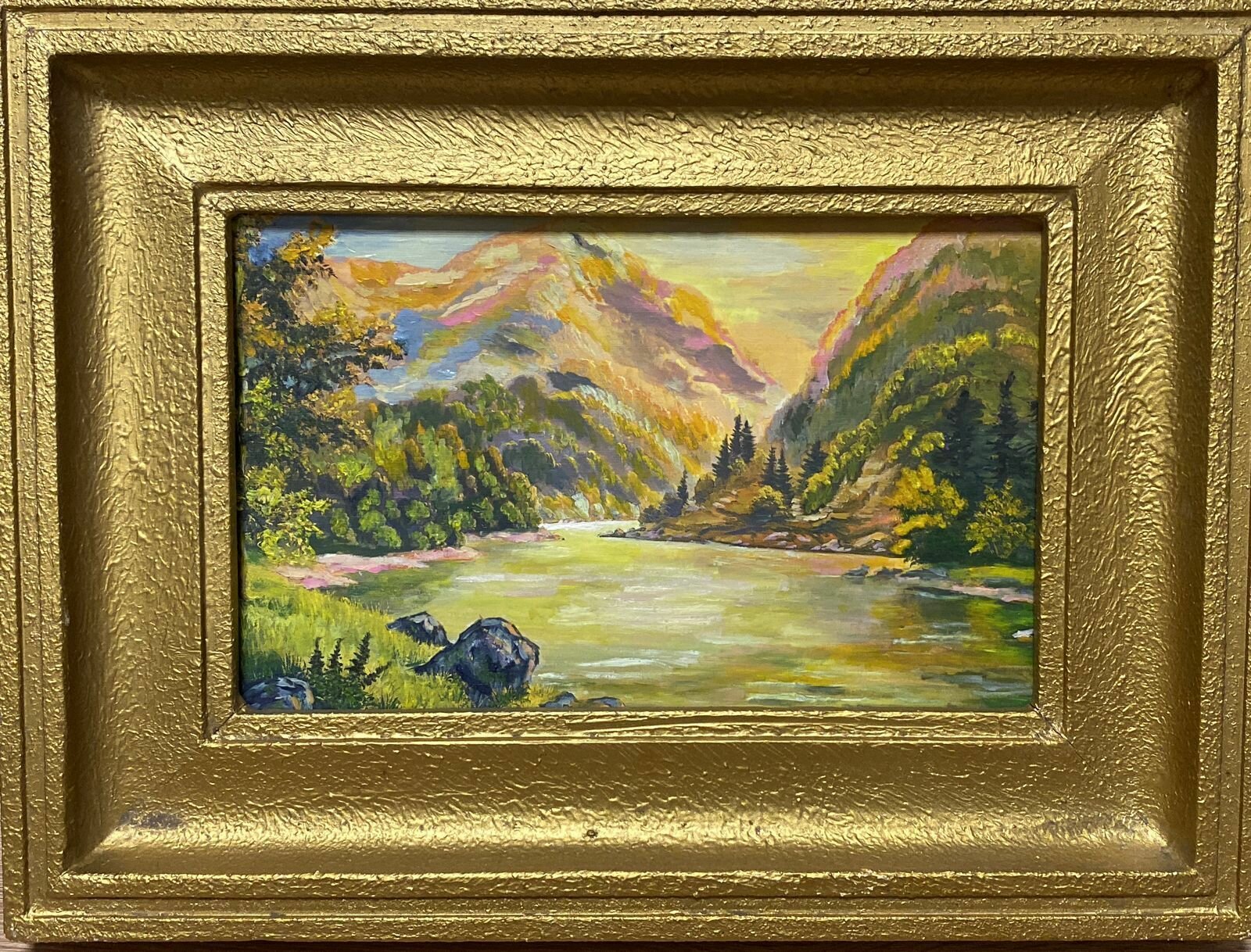Картина в раме. Миляева Нина "Утро в ущелье", холст, масло, 10x15. Авторская живопись.