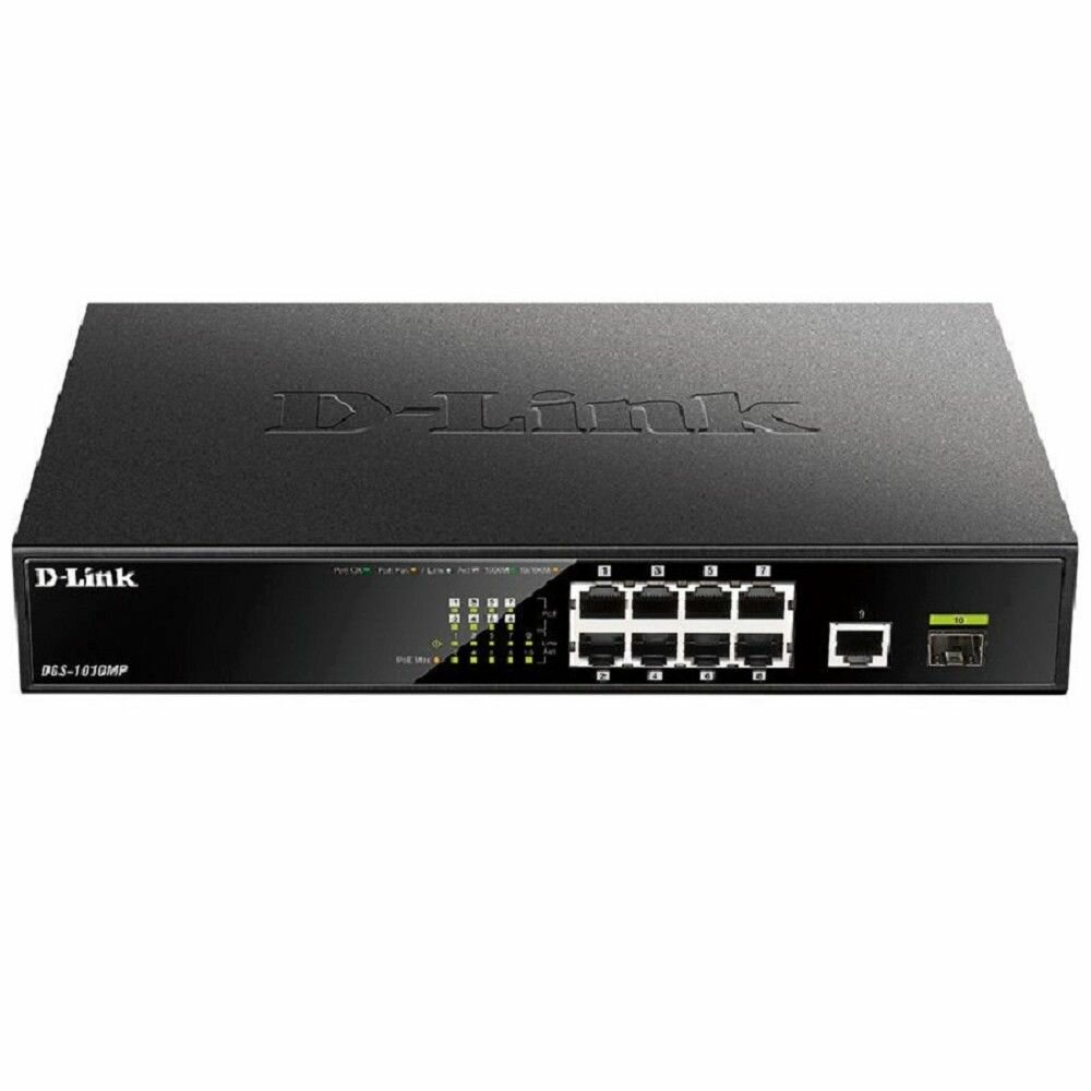 D - Link Сетевое оборудование DGS - 1010MP A1A Неуправляемый коммутатор с 9 портами 10 100 1000Base - T, 1 портом 1000Base - X SFP 8 портов PoE 802.3af at, PoE - бюджет 125 Вт
