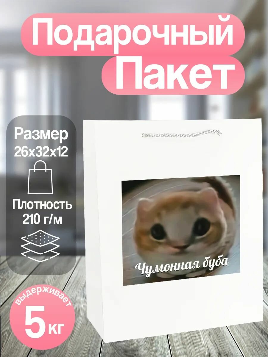 Пакет подарочный большой белый котики мем, упаковка для подарка, 26х31 см